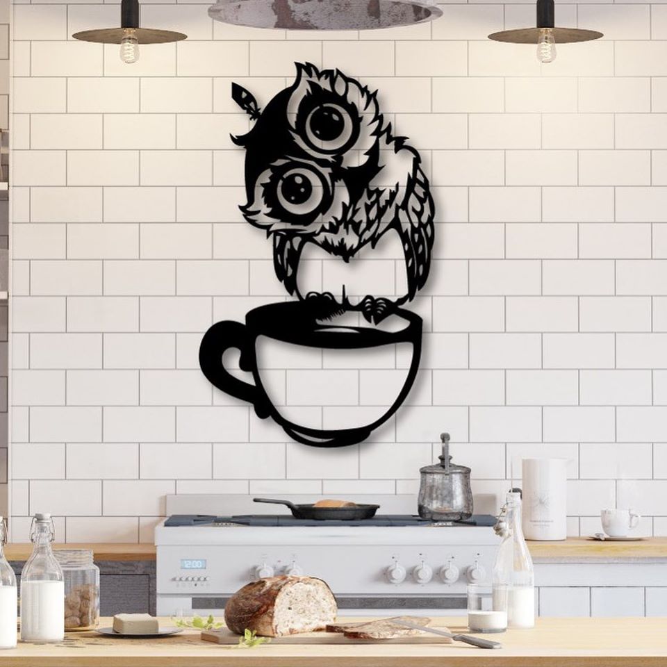 Laser Cut Kitchen Wall Art Owl Sitting On Cup Free Vector - CNC FILE